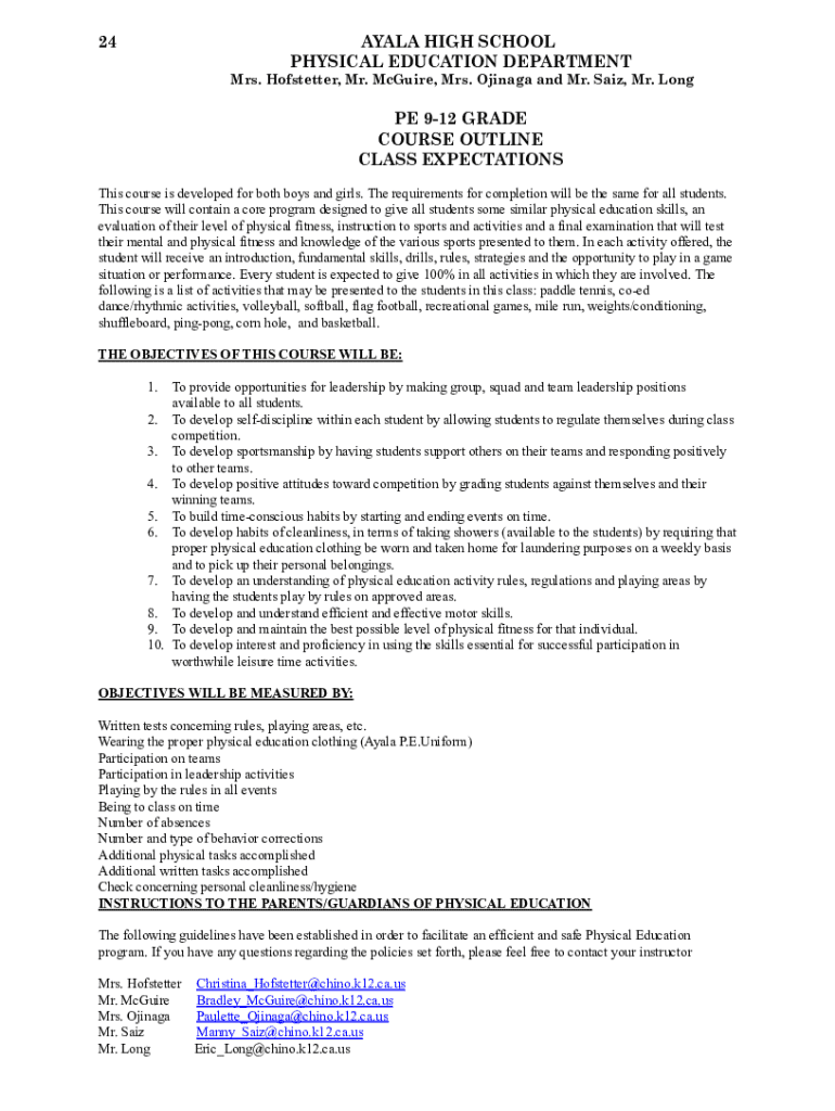Fillable Online Ayala High School Physical Education Course Outline ...