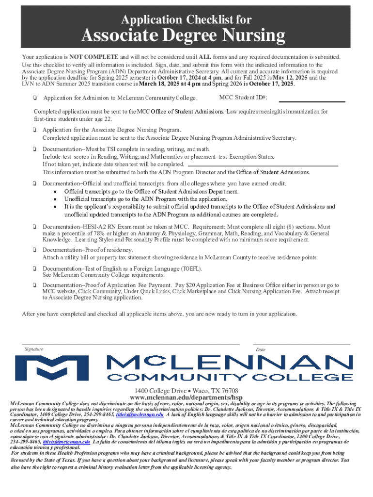 Fillable Online Application Checklist for Associate Degree Nursing Program 2025 Fax Email Print ...