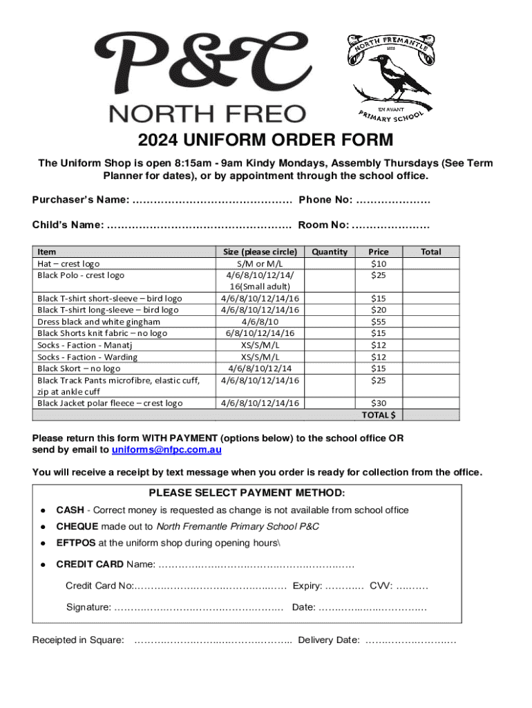 Fillable Online 2024 Uniform Order Form for North Fremantle Primary ...
