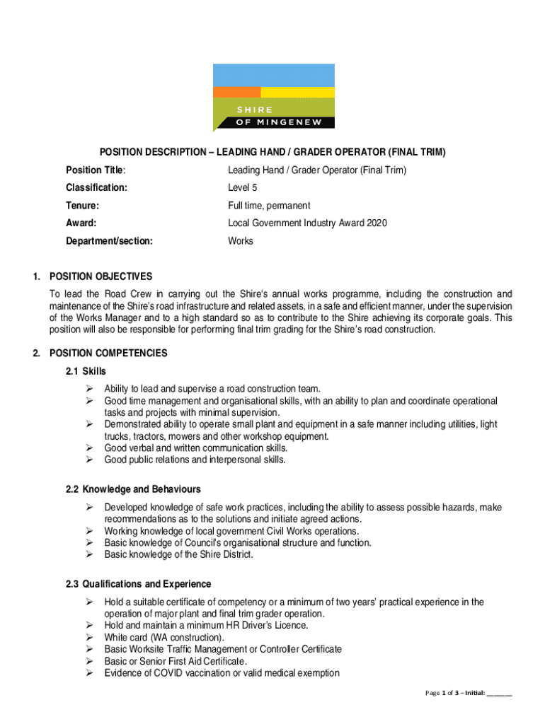 Fillable Online Leading Hand Grader Operator Position Description 2020 ...