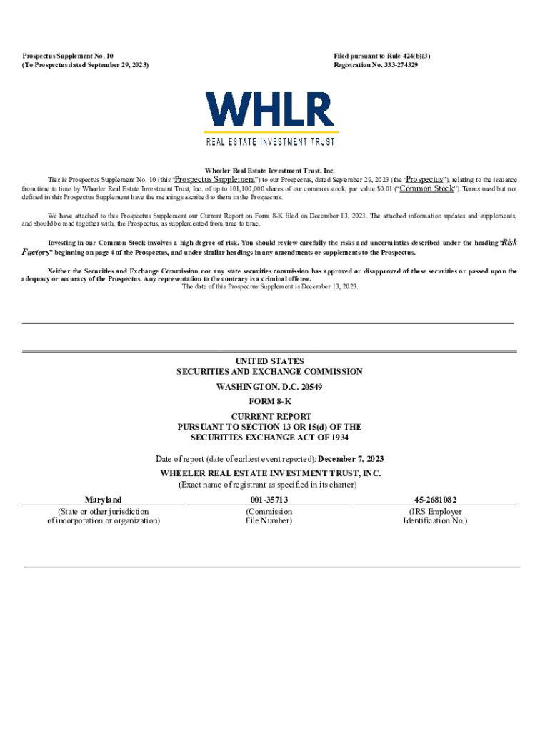 Fillable Online Wheeler Real Estate Investment Trust, Inc. Prospectus Supplement 2023 - Issuance ...