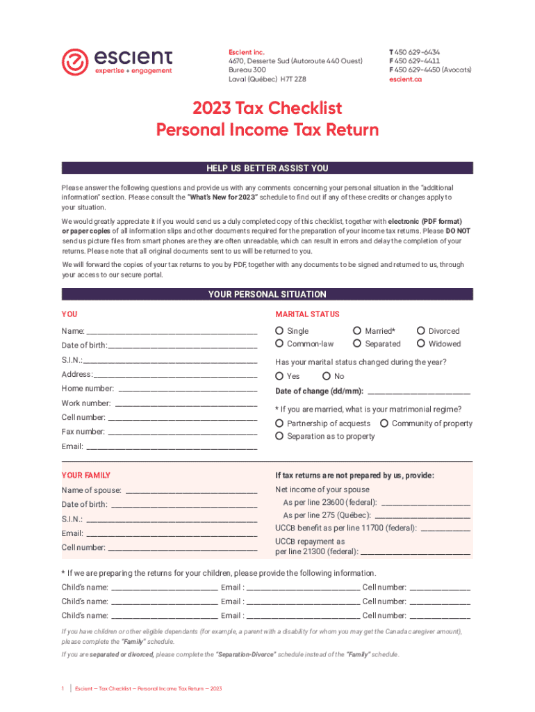 Fillable Online 2023 Personal Income Tax Return Checklist for Canadians ...