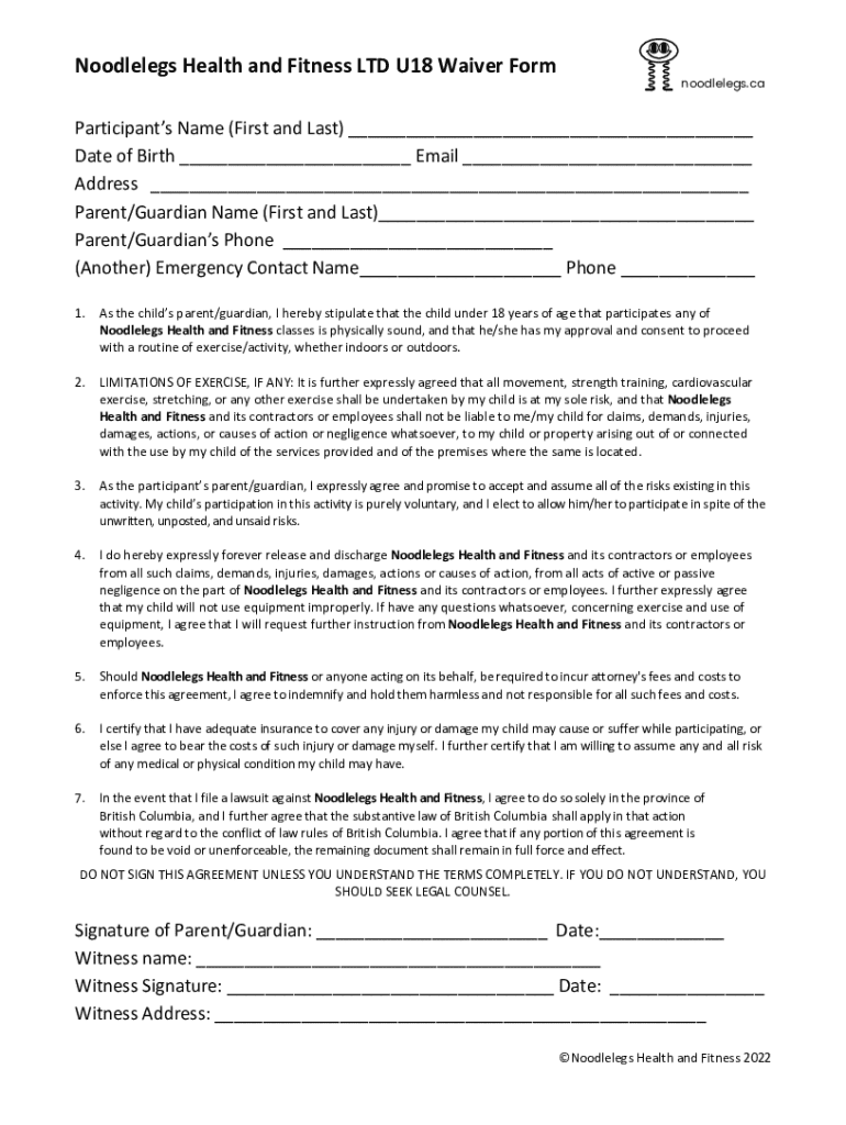 Fillable Online Noodlelegs U18 Waiver Form 2022 - Health and Fitness Liability Release Fax Email ...