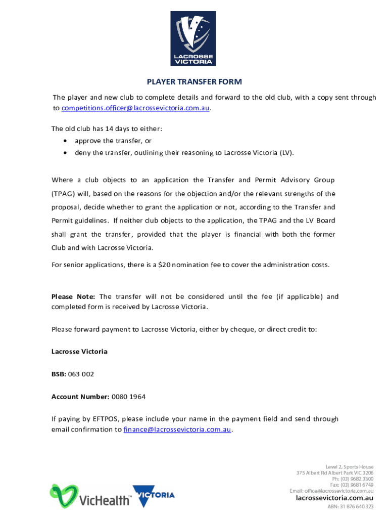 Fillable Online 2023 Player Transfer Form for Lacrosse Victoria ...