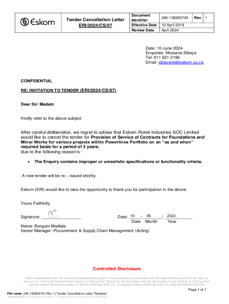 Fillable Online Eskom Tender Cancellation Letter for Provision of ...
