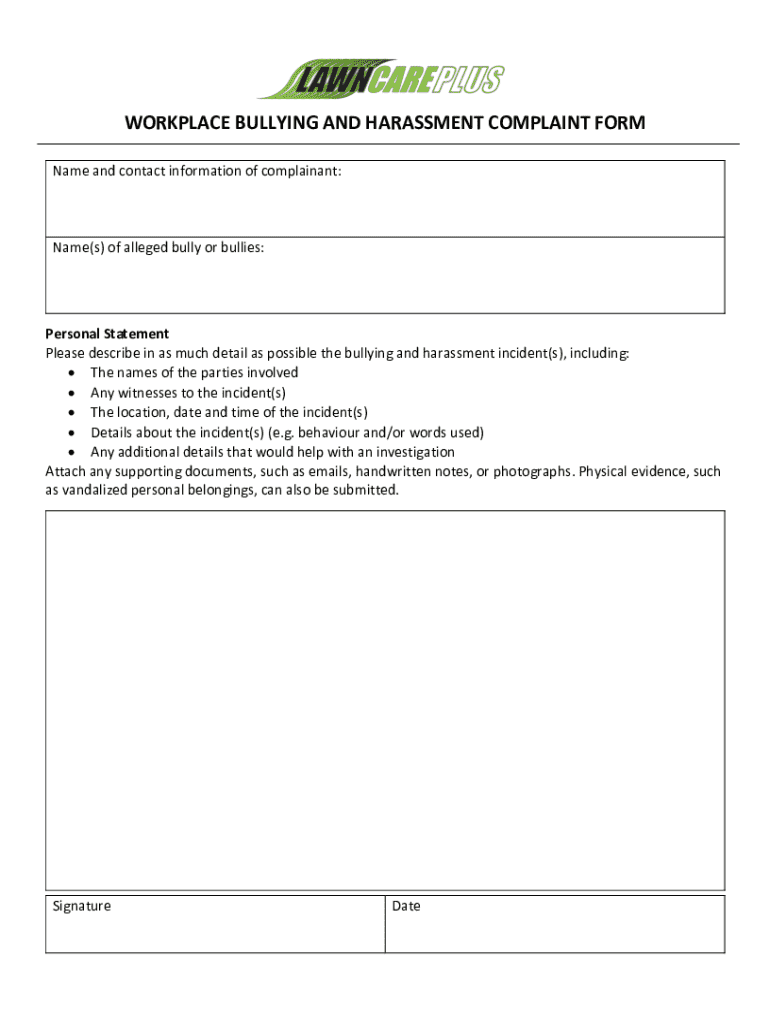 Fillable Online Sample workplace bullying and harassment complaint form ...