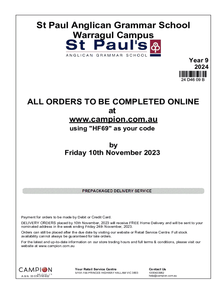 Fillable Online Year 9 Resource List for St Paul Anglican Grammar School 2024 Fax Email Print ...