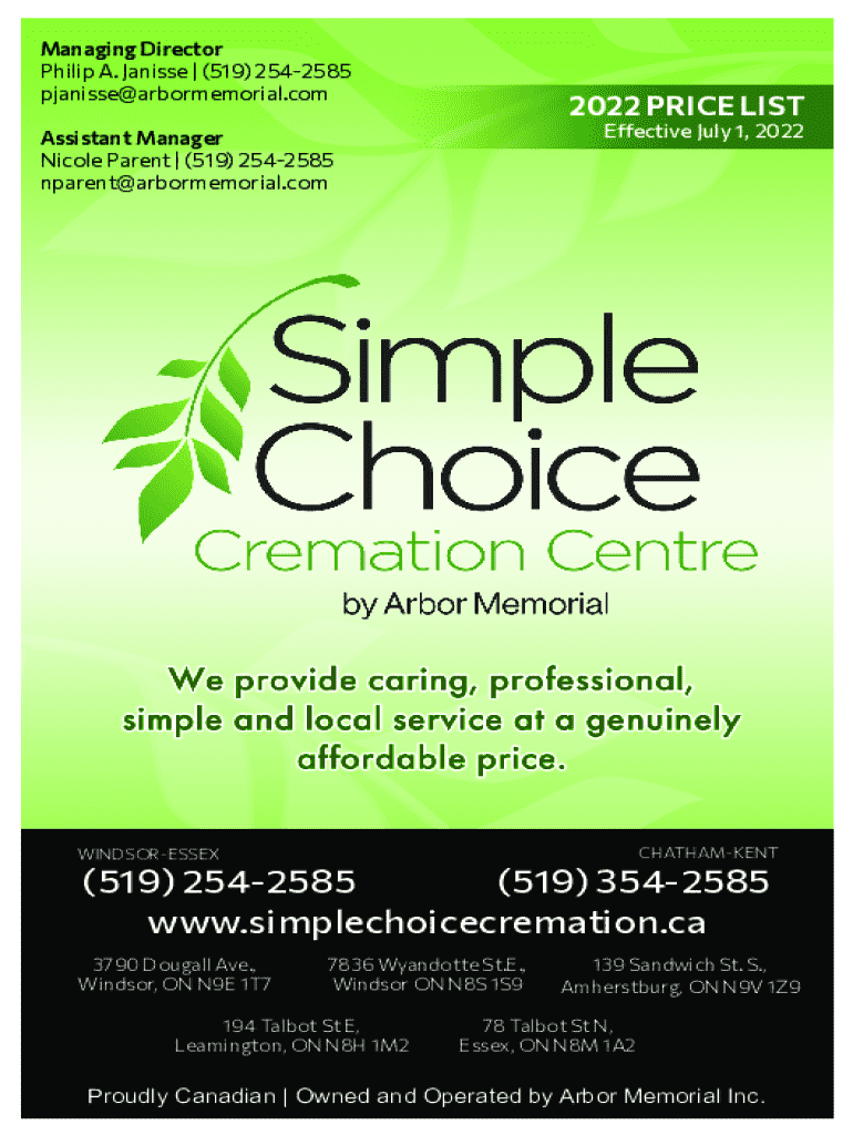 Fillable Online 2022 Simple Choice Cremation Centre Price List and Services Fax Email Print ...