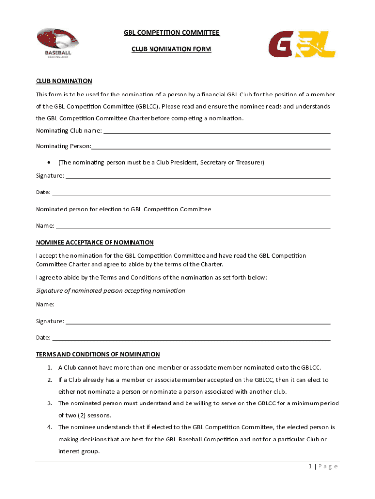Fillable Online 2023 Gbl Committee Nomination Form - Nominate Your Club ...