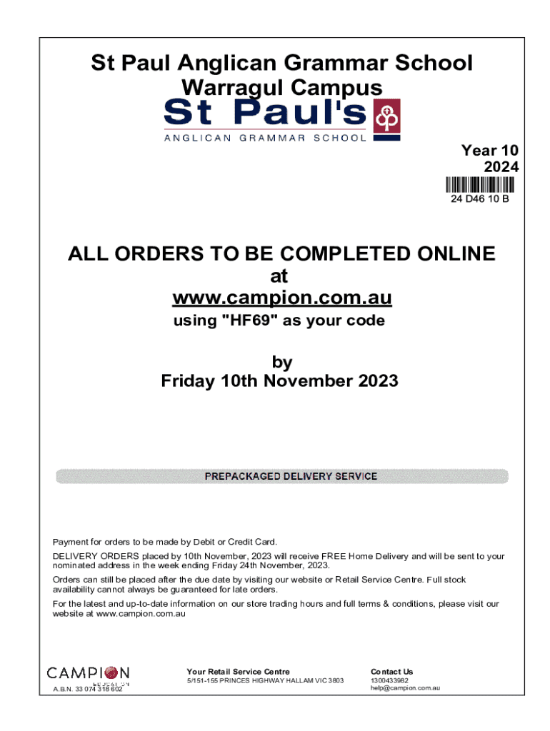 Fillable Online St Paul Anglican Grammar School Warragul Campus Year 10 ...