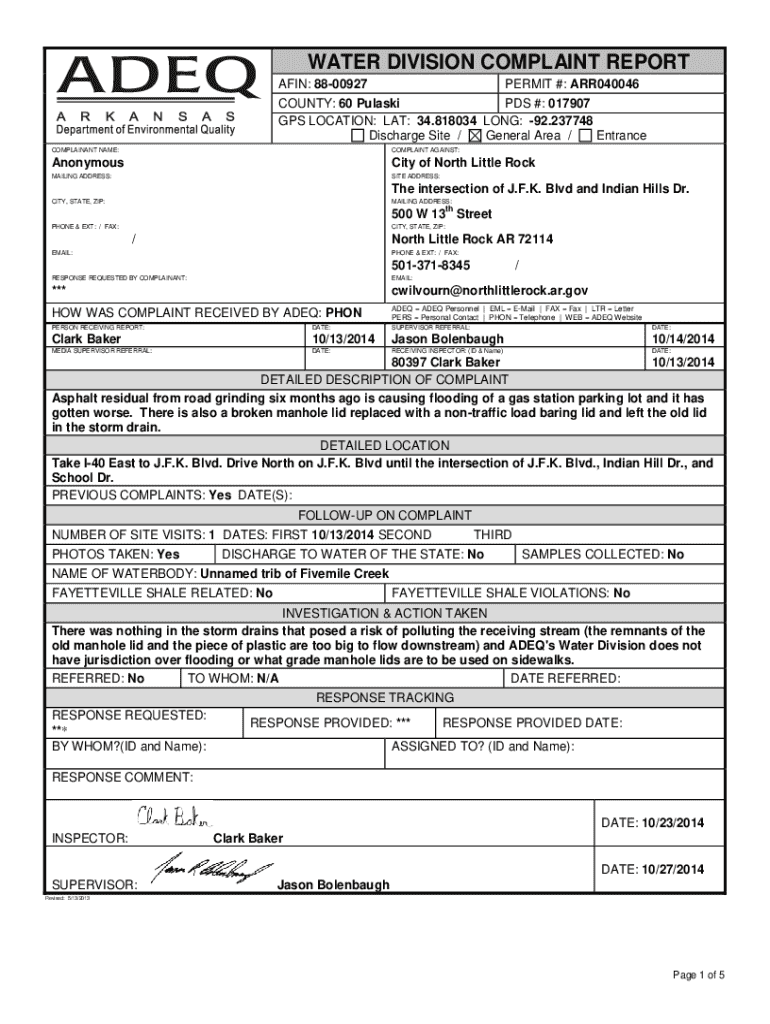 Fillable Online Water Division Complaint Report 2014 - North Little ...