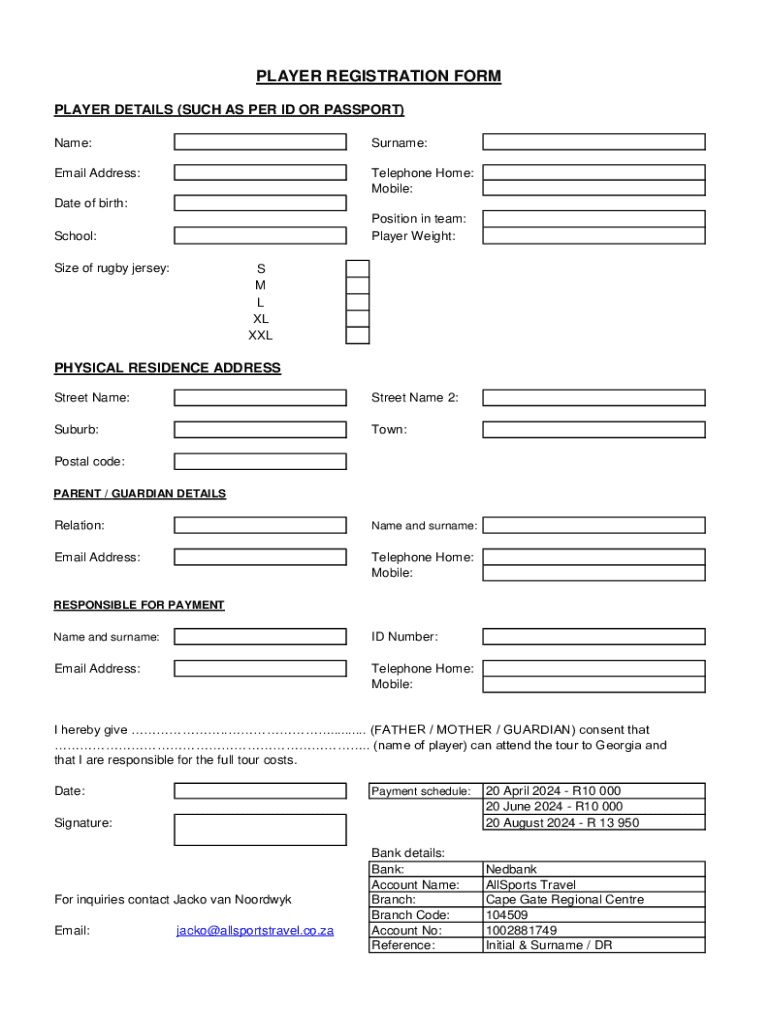 Fillable Online Player Registration Form 2024 - Join the Rugby Team Fax ...
