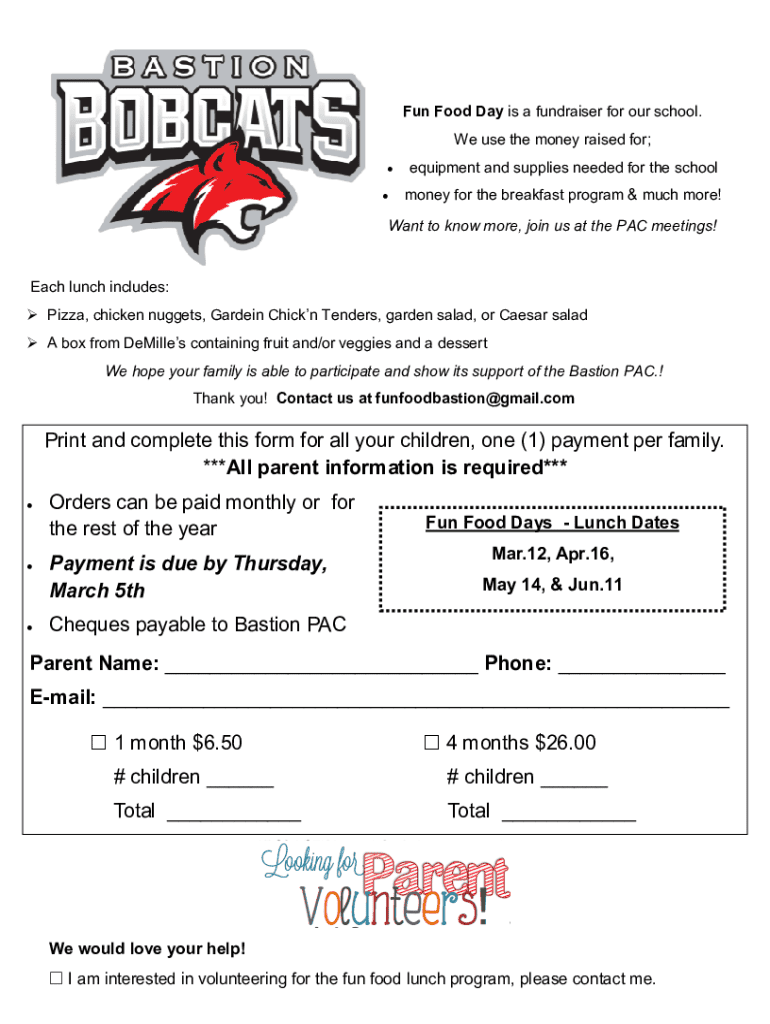 Fillable Online Fun Food Day Fundraiser 2023 - Lunch Order Form Fax ...