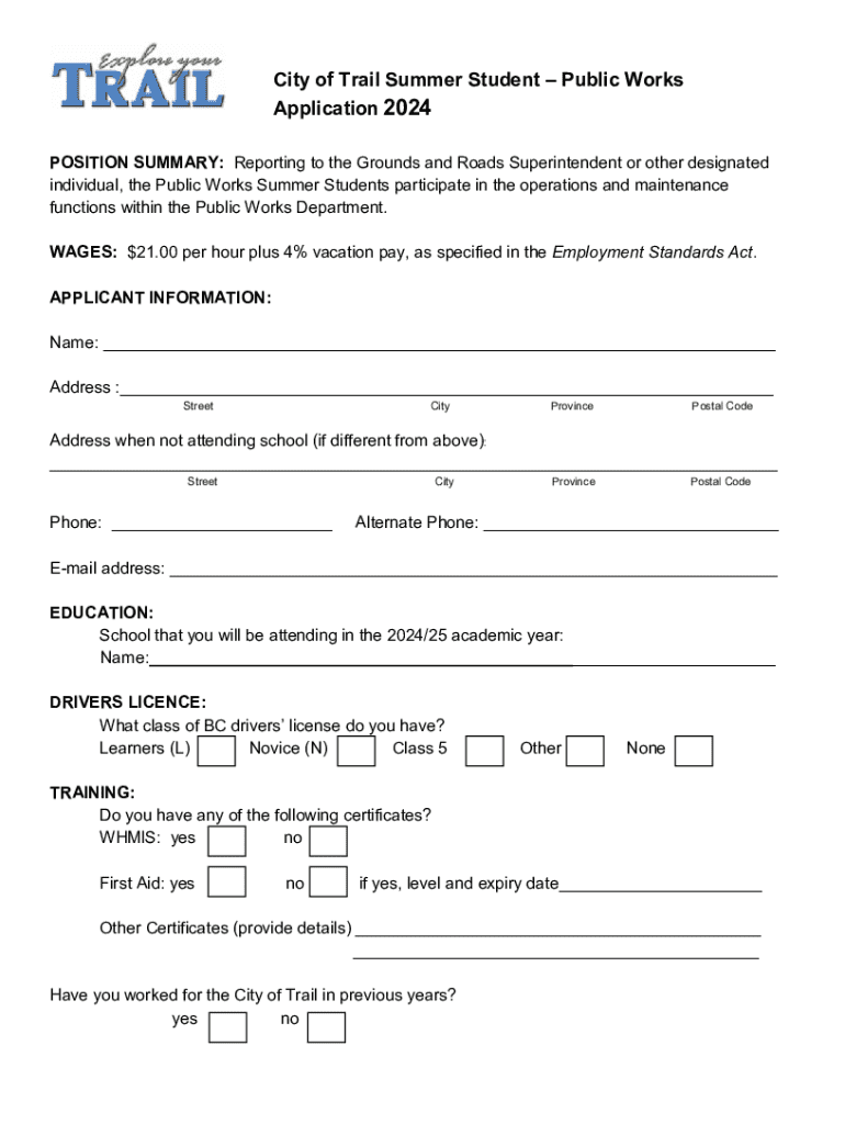 Fillable Online Public Works Summer Student Application 2024 - City of ...