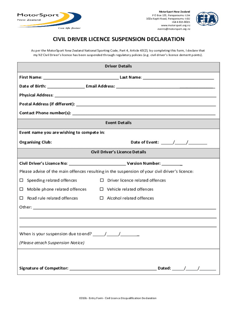 Fillable Online Civil Driver Licence Suspension Declaration 2023 ...
