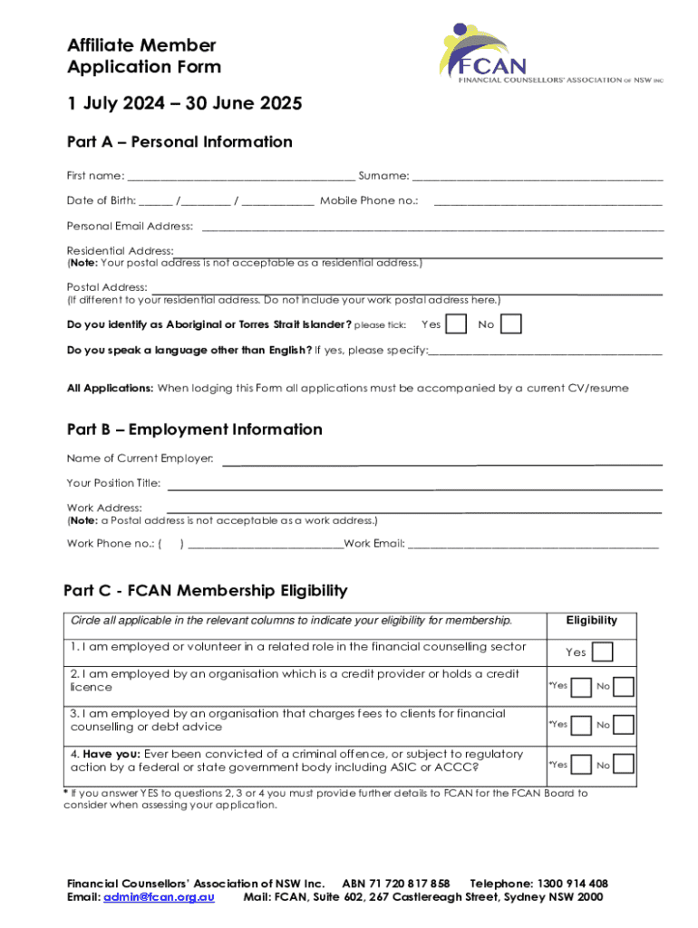 Fillable Online Affiliate Member Application Form 2024-2025 for ...