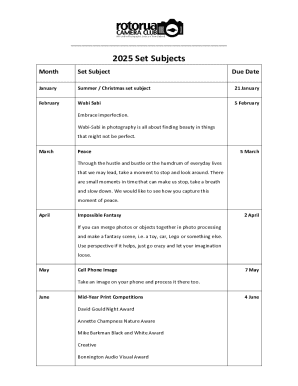 Fillable Online 2025 Photography Set Subjects: Monthly Themes and ...