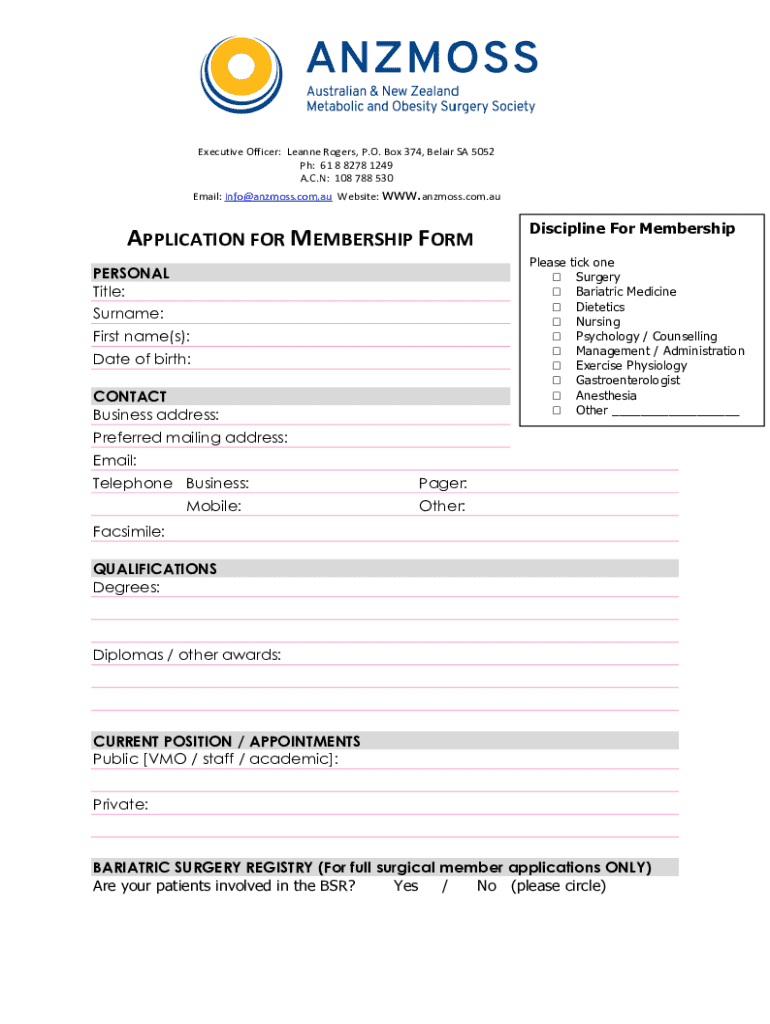 Fillable Online Anzmoss Membership Application Form 2023 Fax Email Print - pdfFiller