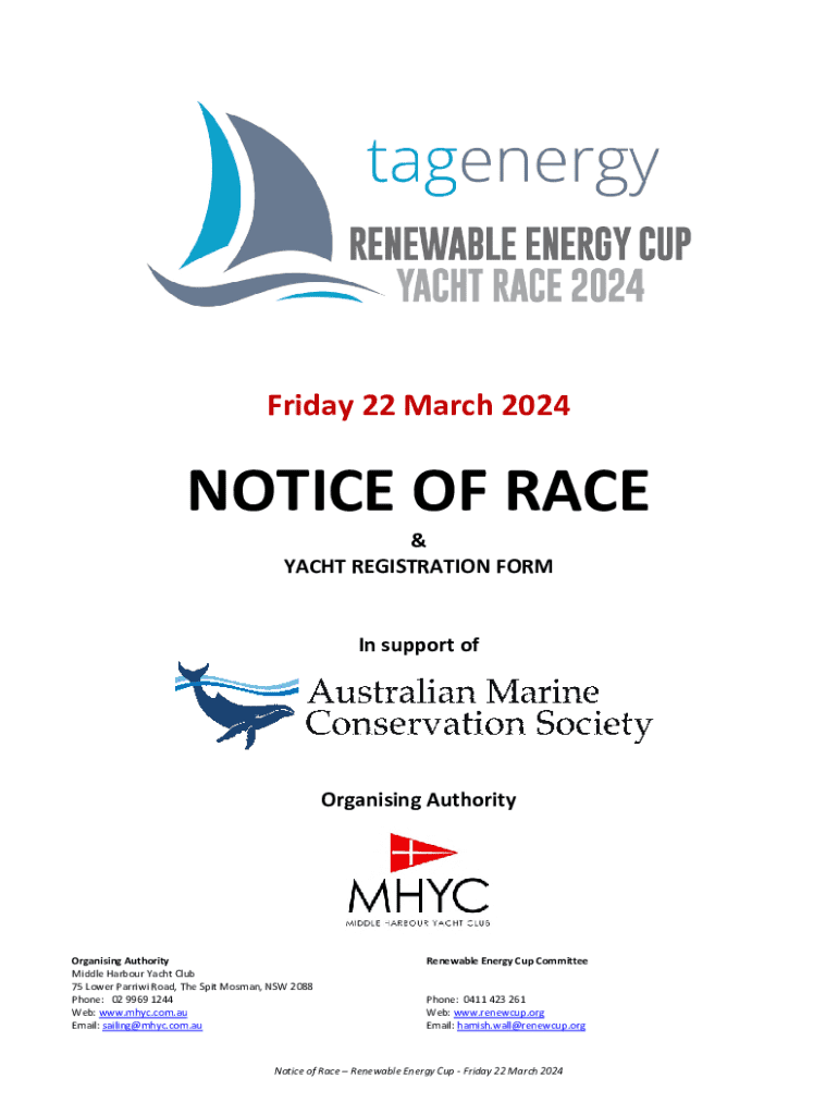 Fillable Online Notice of Race & Yacht Registration Form - Renewable Energy Cup 2024 Fax Email ...