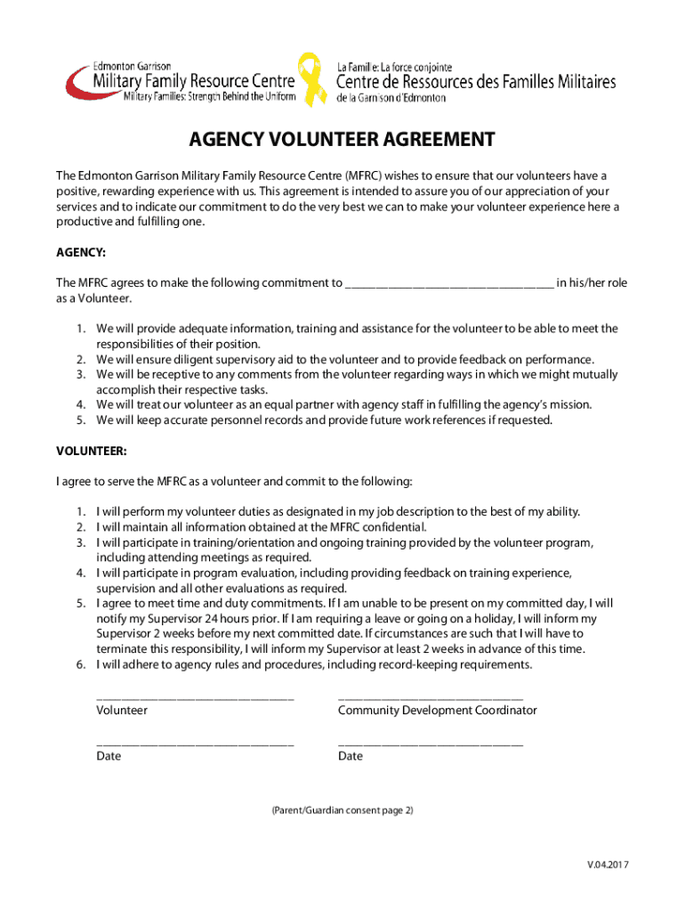 Fillable Online Edmonton Garrison Mfrc Volunteer Agreement 2017 ...