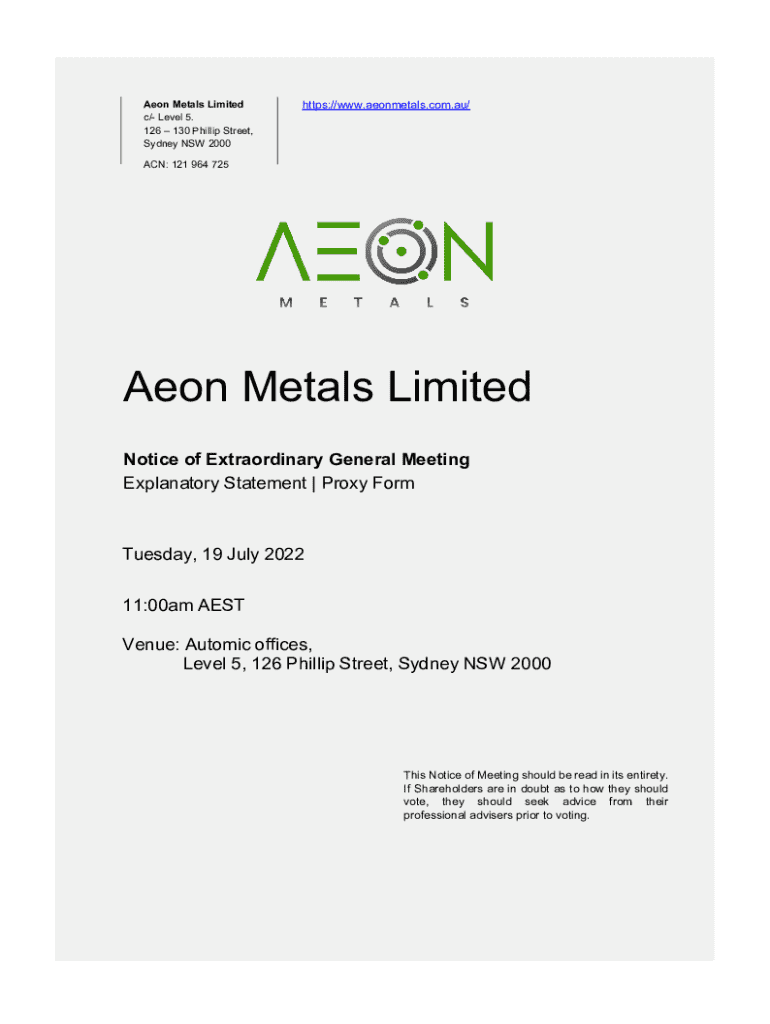 Fillable Online Notice of Extraordinary General Meeting - Aeon Metals ...