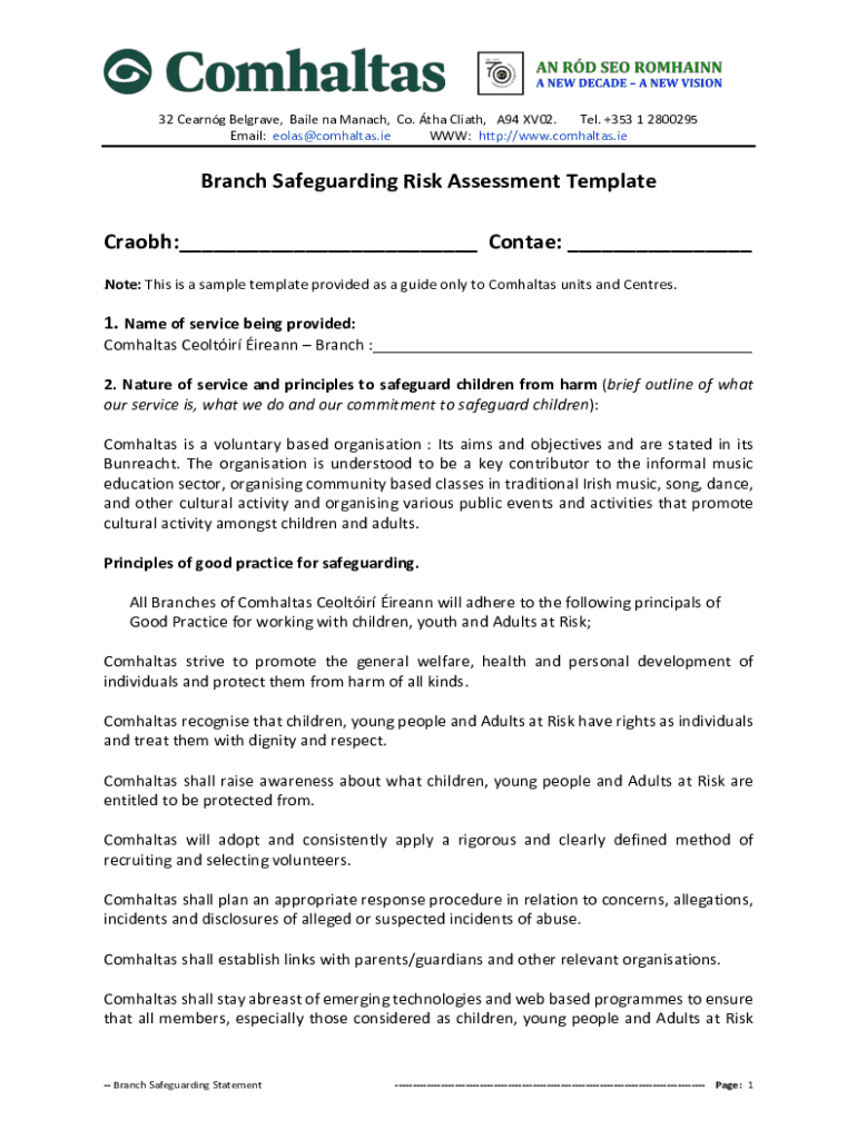 Fillable Online 2023 Comhaltas Branch Safeguarding Risk Assessment ...