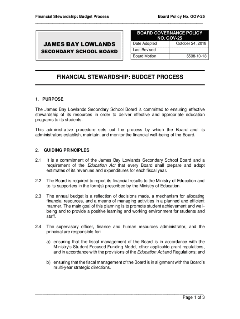Fillable Online Financial Stewardship Budget Process 2018 - James Bay ...