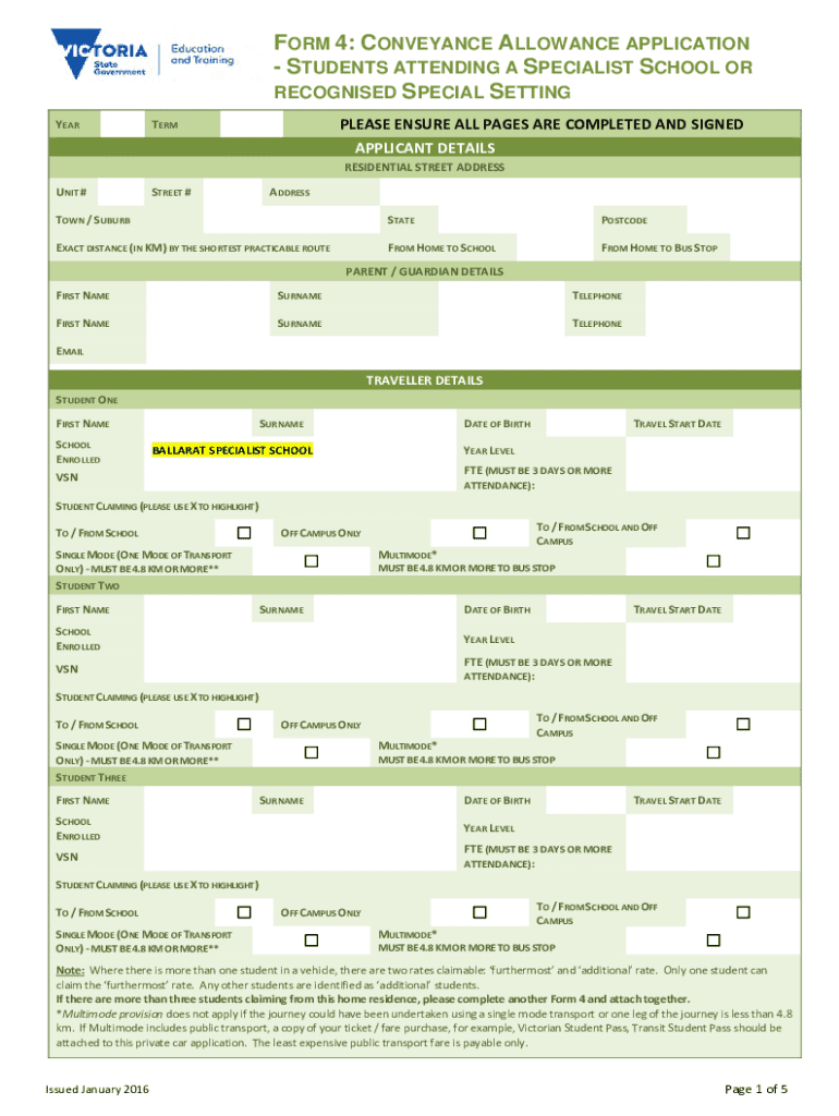 Fillable Online Conveyance Allowance Application for Specialist School ...