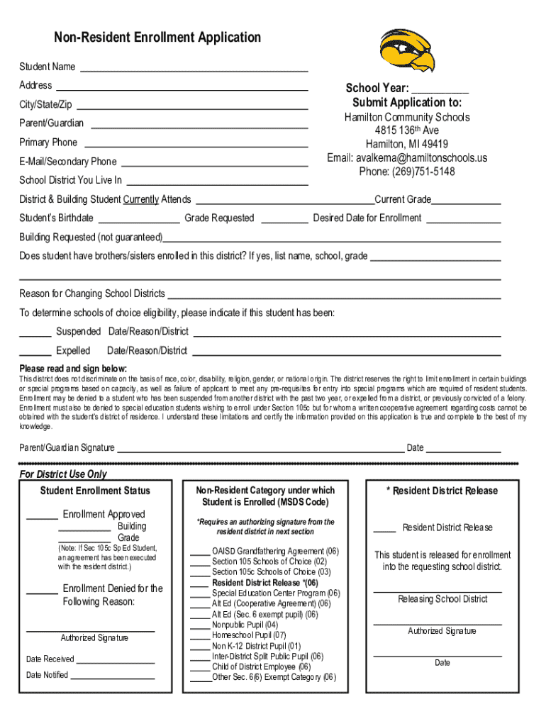 Fillable Online Non-resident Enrollment Application 2019 - Hamilton ...