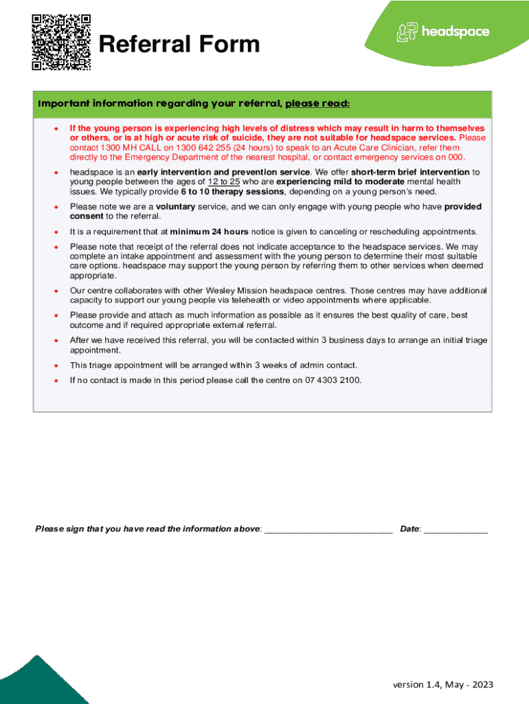 Fillable Online Headspace Referral Form for Youth Mental Health ...