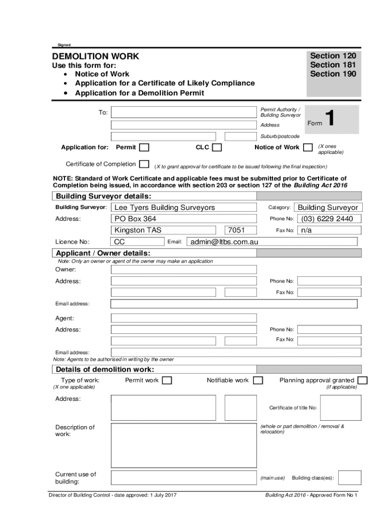 Fillable Online Demolition Work Application - Building Act 2016 Compliance Fax Email Print ...