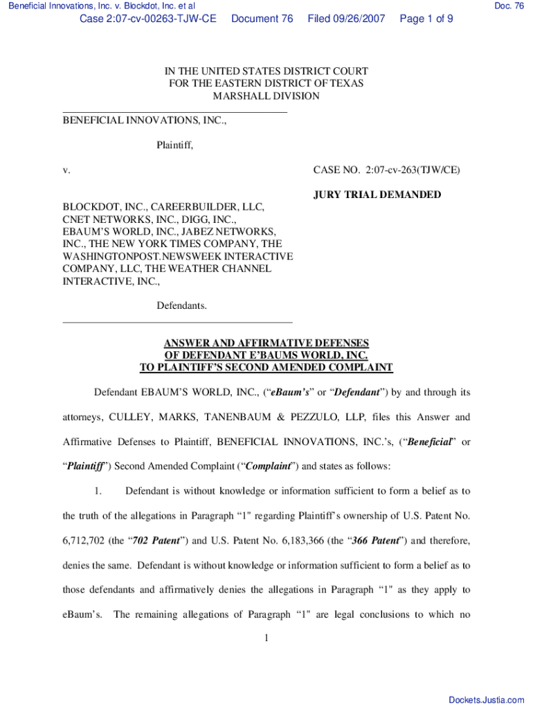 Fillable Online ANSWER to Amended Complaint Second by Ebaum\'s World ...