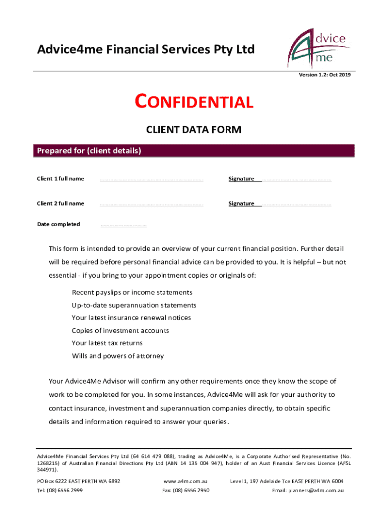 Fillable Online Client Data Form - Financial Position Overview 2019 Fax ...