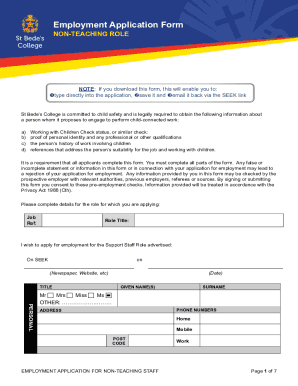 Fillable Online Employment Application for Non-teaching Roles at St Bede’s College 2023 Fax ...