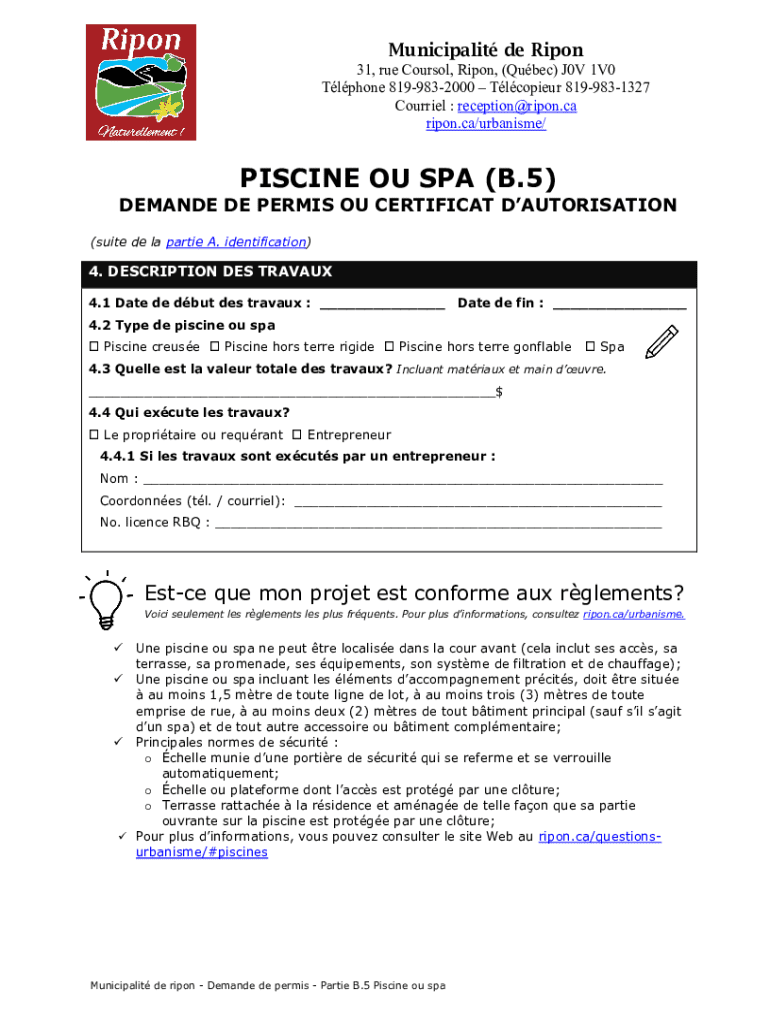 Remplissable en ligne Formulaire de demande de permis - B5 - Piscine ou spa.docx Fax Email ...