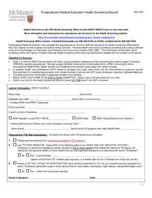 Fillable Online Postgraduate Medical Education Health Screening Record ...