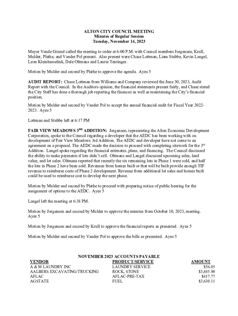 Fillable Online Also present were Chase Lottman, Liam Stubbe, Kevin ...