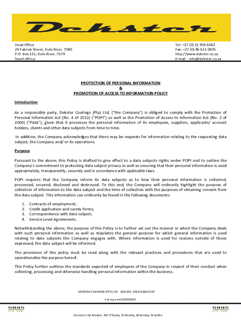 Fillable Online Dekster Coatings Personal Information Protection Policy 2021 Fax Email Print ...