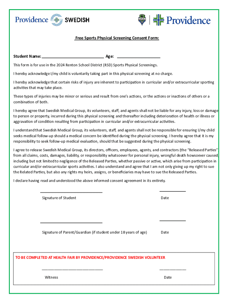 Fillable Online Free Sports Physical Screening Consent Form Fax Email ...
