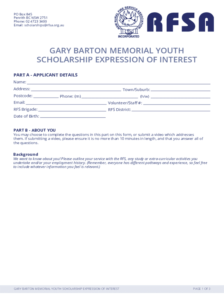 Fillable Online Gary Barton Memorial Youth Scholarship 2024 - Expression of Interest Fax Email ...