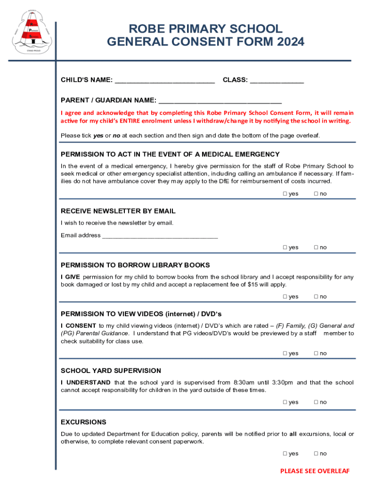Fillable Online Robe Primary School General Consent Form 2024 ...