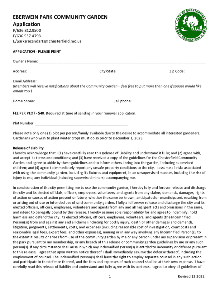 Fillable Online 2023 Eberwein Park Community Garden Application ...