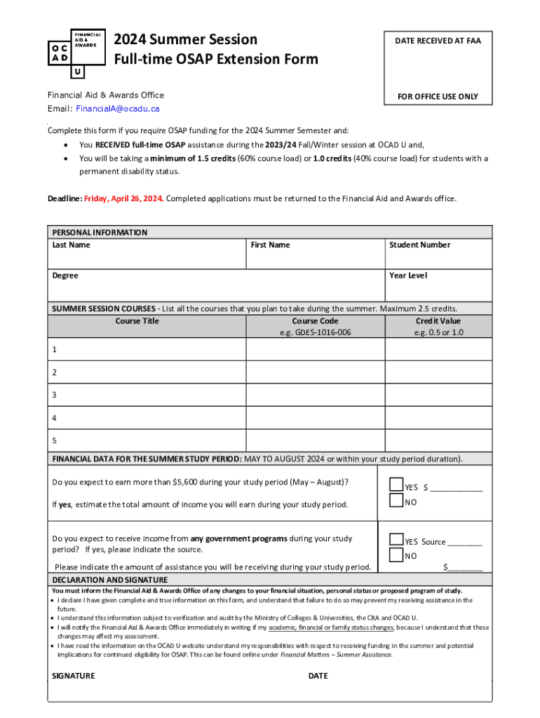 Fillable Online 2024 Summer Osap Extension Form for Ocad U Funding Fax ...
