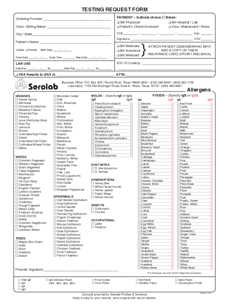 Fillable Online Testing Request Form 2023 - Allergy Testing & Payment ...