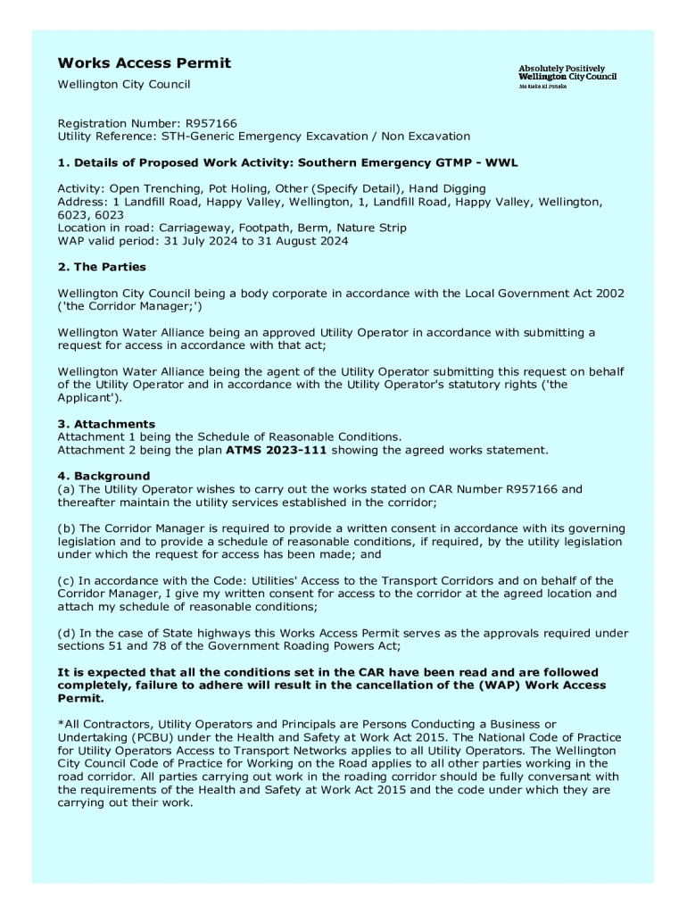 Fillable Online Wellington City Works Access Permit 2024 - Emergency ...