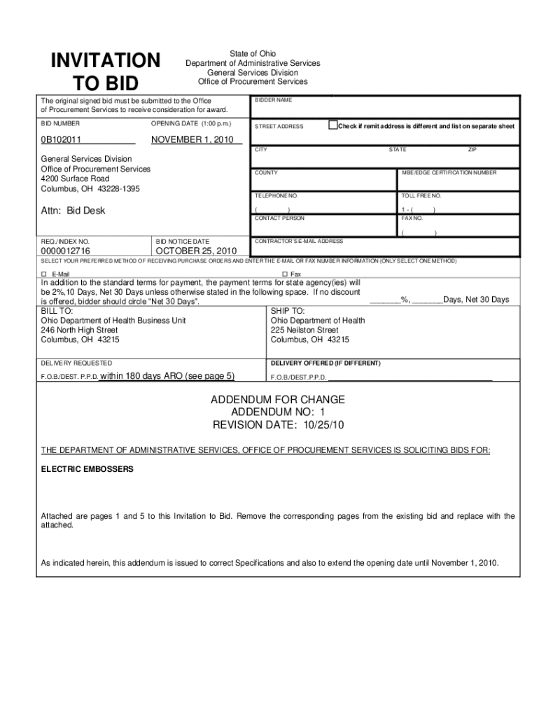 Fillable Online Ohio Invitation to Bid for Electric Embossers 2010 Fax Email Print - pdfFiller
