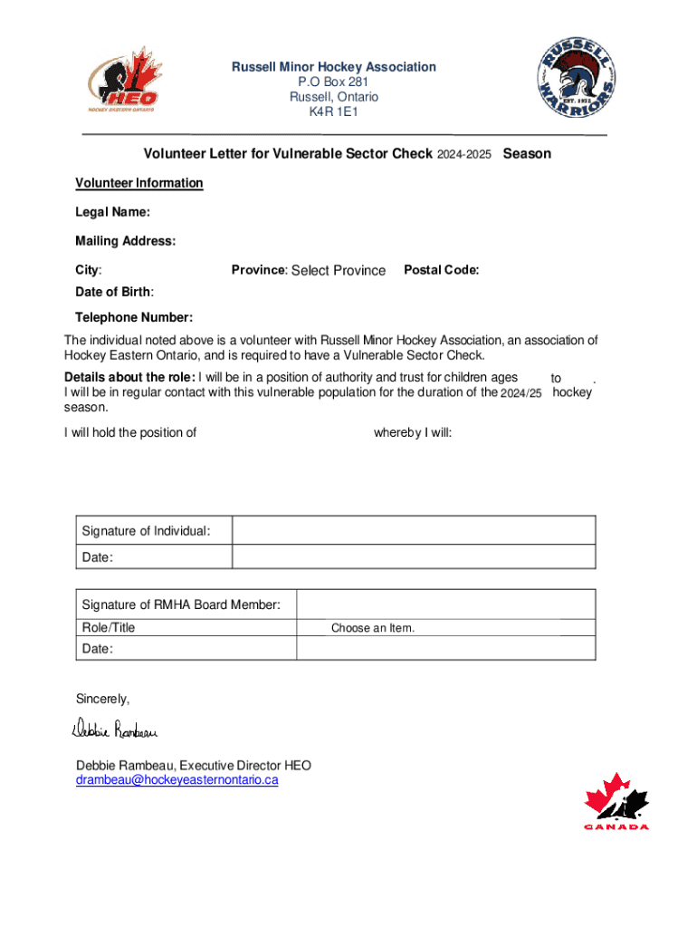 Fillable Online Volunteer Sector Check Letter 2024-2025 - Russell Minor ...