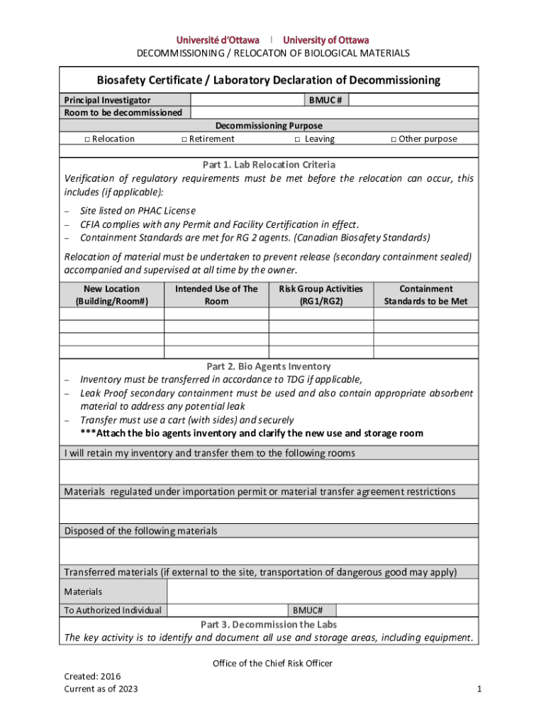 Fillable Online Decommissioning and Relocation of Biological Materials ...