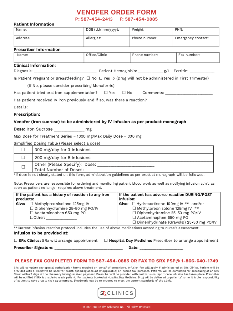Fillable Online Venofer Order Form 2023 - Iron Sucrose Iv Infusion ...