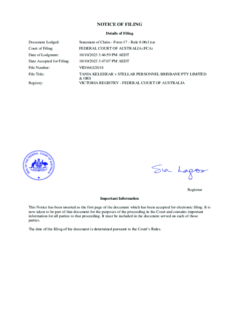 Fillable Online Filing Notice: Statement of Claim - Tania Kelehear V ...